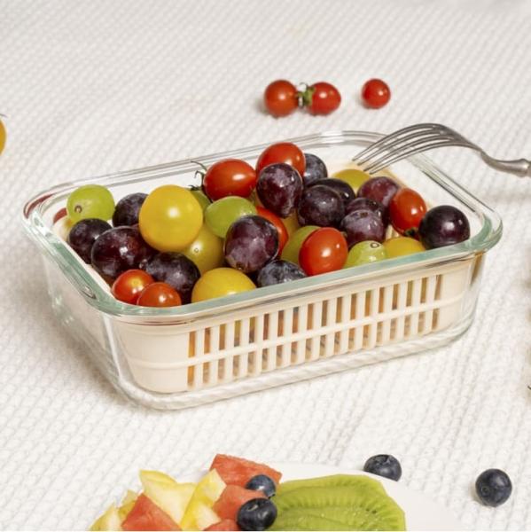 Quality IKOO Stackable Airtight Glass Food Container with 1050ml Capacity and Removable Drain Basket for sale