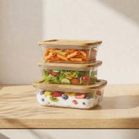 Quality IKOO Microwave Safe Bamboo Lid Borosilicate Glass Food Container for sale