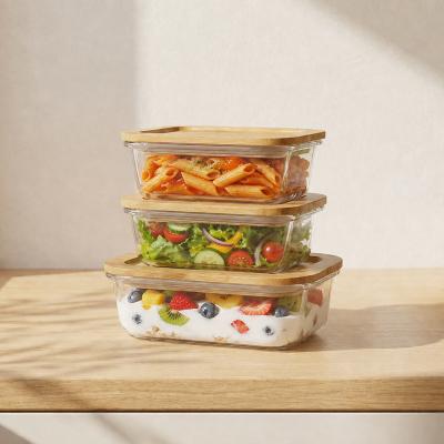 China IKOO Microwave Safe Bamboo Lid Borosilicate Glass Food Container for sale