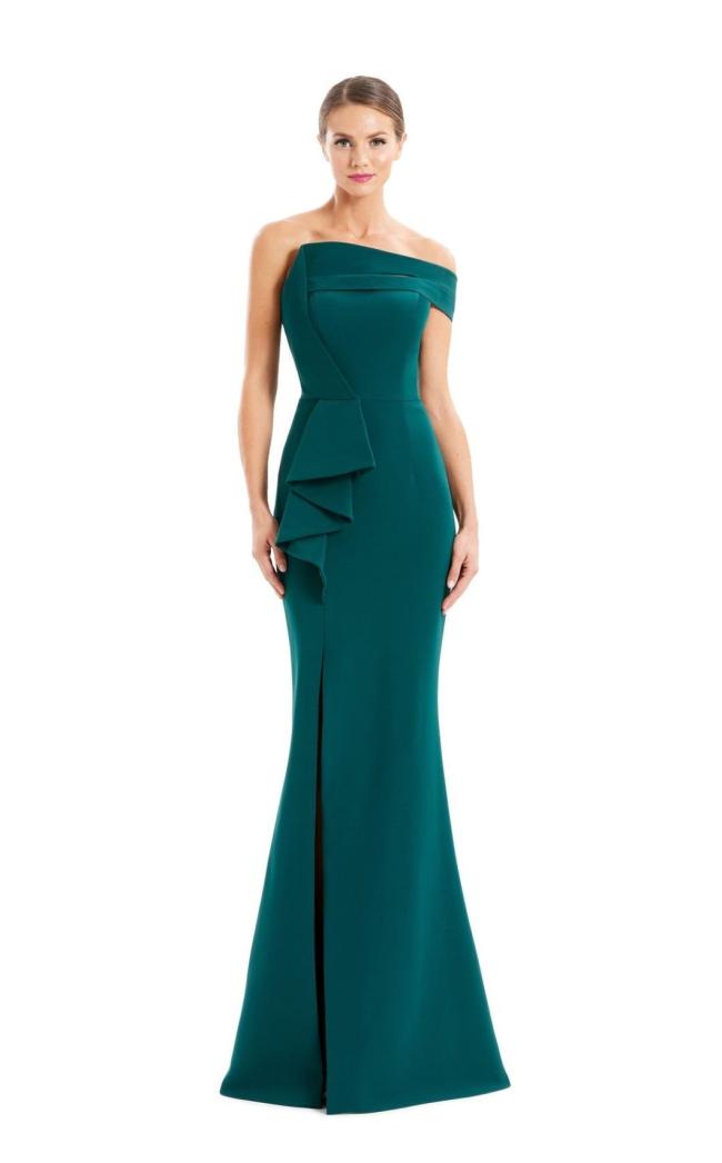 Custom Made Strapless off Shoulder Single Sleeve Ruffle Detailed Slit Mother Gown