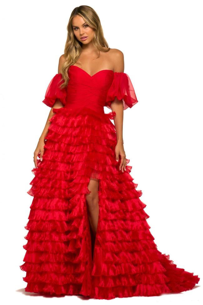 Strapless Tiered A-Line Slit Gown off Shoulder Bubble Sleeves Long Train Prom Dresses