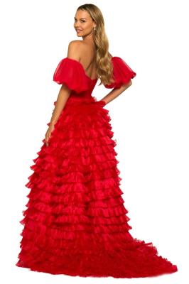 China Shipping Way Sf Strapless Tiered A-Line Slit Gown with Bubble Sleeves and Long Train for sale