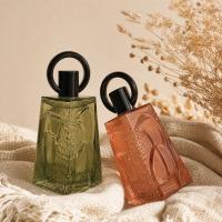 China 100ml Glass Perfume Bottles Textured Triangle Empty Ring Cap Crimp Neck Spray for sale