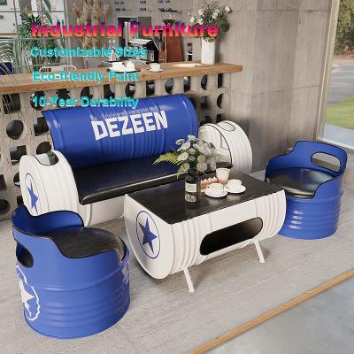China Metal Oil Drum Furniture Blue White Oil Drum Table And Chairs for sale