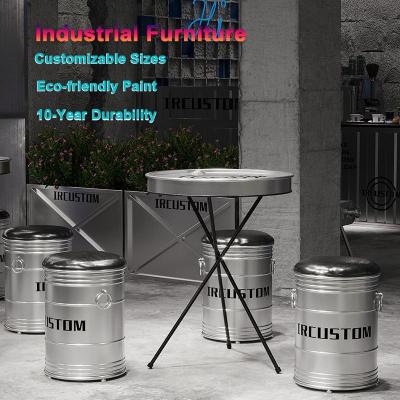 China Rust Resistant Oil Drum Furniture Indoor / Outdoor Barrel Table And Chairs for sale