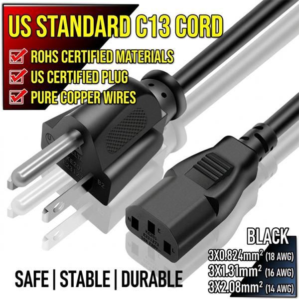 Quality 1m 2m 3m 5m 10m Universal 3 Prong NEMA 5-15P to IEC C13 AC Power Cord for PC Monitor Printer TV Desktop for sale
