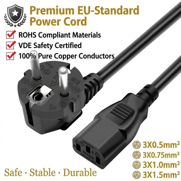 Quality VDE Pure Cooper 5A 10A/250V CEE 7/7 to C13 EU Plug AC Power Cord Cable for Computerr TV Printer for sale