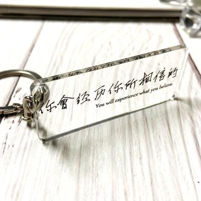 China 2mm Transparent Acrylic Keychain with Metal Ring and Fashion Simple Letter Word Design for sale