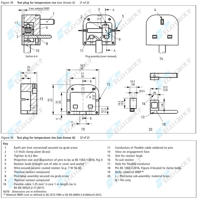 Test plug for temperature rise according to BS1363-2 figure 30 standard