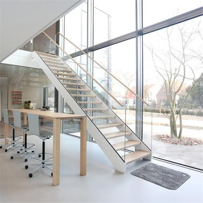 China Customized Steel Double Stringers Non-slip Wood Tread Stairs for sale