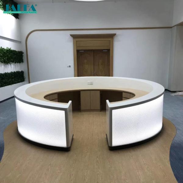 Quality JAFFA Custom Acrylic Round Reception Desk, LED Grid Illuminated Counter, Curved Service Desk for Hospital/Office/Commercial Space for sale