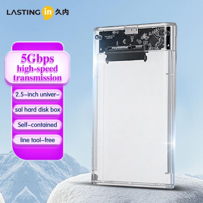 2.5-inch SATA hard drive enclosure front view showing transparent plastic case