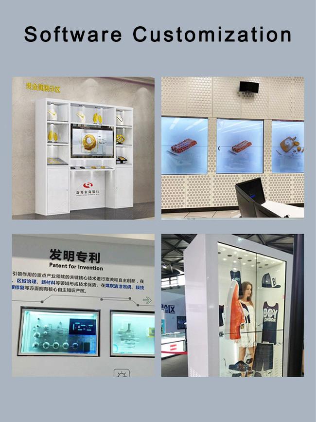 Close-up of transparent LCD display with product information