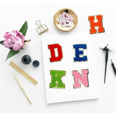 China A-Z Custom Handmade Chenille Fabric Embroidered Iron-On 3D Patches Gold Glitter English Alphabet Flower Heart Hat for sale