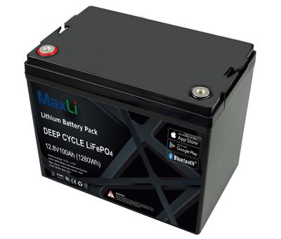 中国 作り付けのbluetoothが付いているRV/Marine/Automative車のためのMaxLi 12V 100Ahのリチウム電池のスマートなLiFePO4電池 販売のため