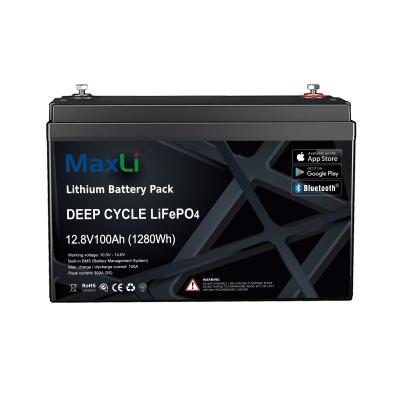 中国 作り付けのbluetoothが付いているRV/Marine/Automative車のためのMaxLi 12V 100Ahのリチウム電池のスマートなLiFePO4電池 販売のため