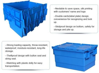 China Heavy duty stackable attached lid turnover box, Stackable and nestable plastic shipping tote box for storage or moving for sale