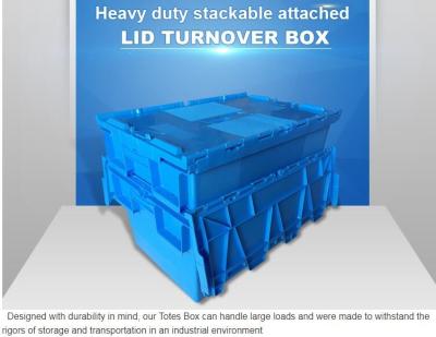 China Heavy duty stackable attached lid turnover box, Stackable and nestable plastic shipping tote box for storage or moving for sale