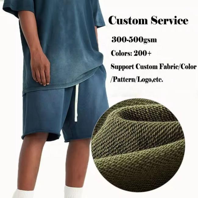 Custom Sun Faded Cotton French Terry Applique Patch Embroidery Distresses Vintage Acid Wash Shorts 1