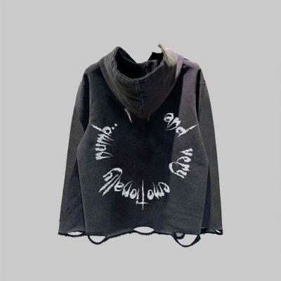 China Dtg Pullover Hoodie Acid Wash Distressed Ripped Raw Hem Crop Hoodie Men Needle Detection Fabric 500grams for sale