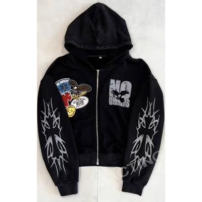 Cina Francesco Terry lavaggio acido zip attraverso felpa con cappuccio Crop Top felpa con cappuccio doppia via zip pullover patch 3d in vendita