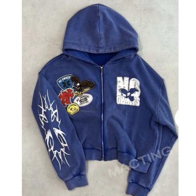 Cina Francesco Terry lavaggio acido zip attraverso felpa con cappuccio Crop Top felpa con cappuccio doppia via zip pullover patch 3d in vendita