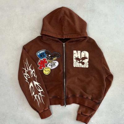 Cina Francesco Terry lavaggio acido zip attraverso felpa con cappuccio Crop Top felpa con cappuccio doppia via zip pullover patch 3d in vendita