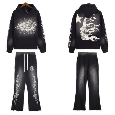 China Custom Printing Tracksuit for Men 100% Cotton French Terry Hoodie and Flare Sweatpants Set for sale