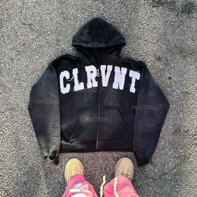 Chine Logo personnalisé Vêtements de rue 400gm Stone Wash Zip Up Hoodie en gris avec patch de détresse à vendre