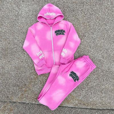 Cina Etichette Unisex Hoodies Maschile Set Custom Full zip up Hoodie Tracksuit Acid Wash Sweatsuit in vendita