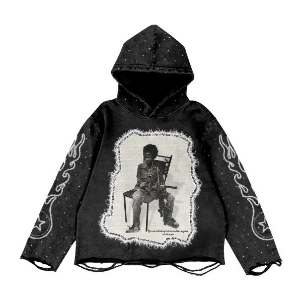 Quality Black Vintage Rhinestone Hoodie Distressed Embroidery Patch 220 Grams Heavyweigh for sale