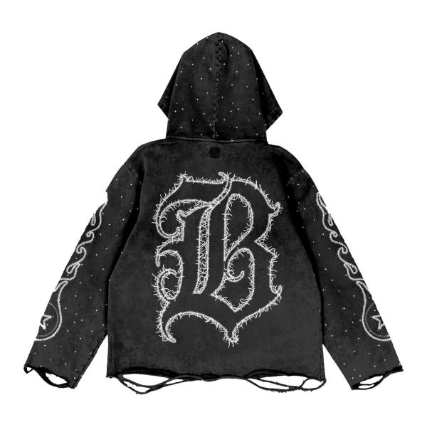 Quality Black Vintage Rhinestone Hoodie Distressed Embroidery Patch 220 Grams Heavyweigh for sale