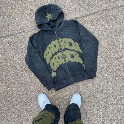 China Custom oversized zon vervaagde noodgevallen zip up geborduurde patch hoodie set Te koop