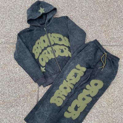 China Custom oversized zon vervaagde noodgevallen zip up geborduurde patch hoodie set Te koop