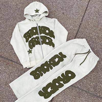 China Custom oversized zon vervaagde noodgevallen zip up geborduurde patch hoodie set Te koop