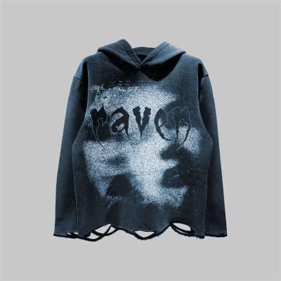China Cotton Fabric Unisex Distressed Hoodie Screen Print French Terry Pullover for sale