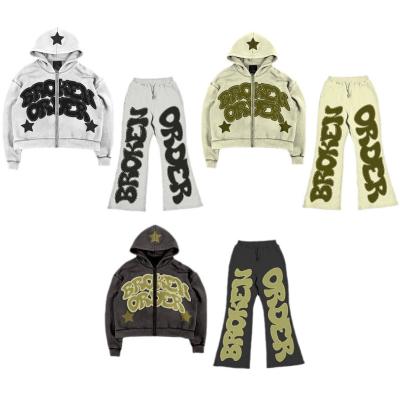 China Custom oversized zon vervaagde noodgevallen zip up geborduurde patch hoodie set Te koop