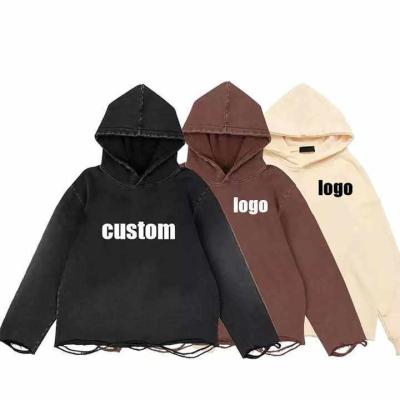 China Logotipo de algodón personalizado Vintage Distressed Acid Lavado con cortes sueltos Hoodie hombre ropa de calle en venta