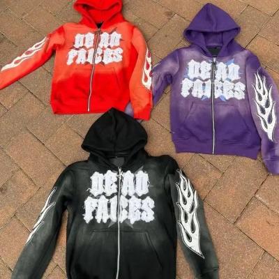 China Stonewashed Vintage Men's Cut And Sew Distressed Embroidery Patch Sun Fading Purple Zip Up Acid Wash Hoodie en venta