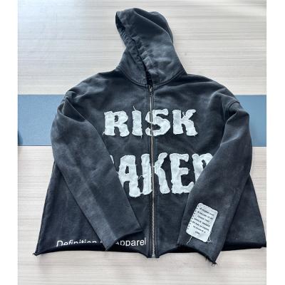 China Peso pesado personalizado para hombres 400 gsm Vintage Acid Wash Zip Up Hoodie con parche de bordado en venta