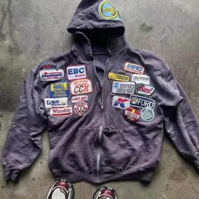 China Hoodie de peso pesado para hombres con patchwork bordado y aplicación de acidez. en venta