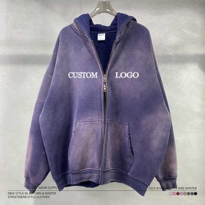 China Vintage Acid Wash Sol Desvanecido Distressed Zip Up Hoodie en blanco para ropa callejera de logotipo personalizado en venta
