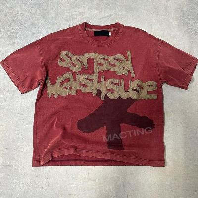 China 180 gram Hip Hop stijl Custom Distressed Borduur Patch Logo T-shirt Drop Schouder Te koop