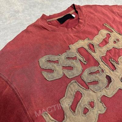 China 180 gram Hip Hop stijl Custom Distressed Borduur Patch Logo T-shirt Drop Schouder Te koop