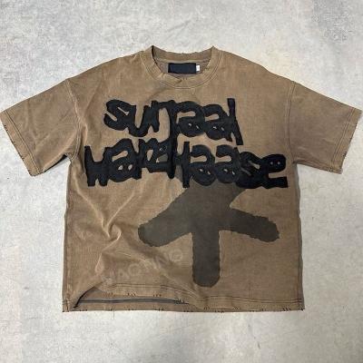 China 180 gram Hip Hop stijl Custom Distressed Borduur Patch Logo T-shirt Drop Schouder Te koop
