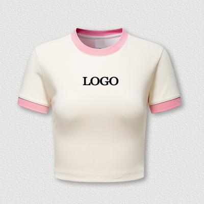 Cina Decorazione ricamo donna Y2k Vintage Giovane Moda Contrasto Ringer T-shirt di raccolto in vendita