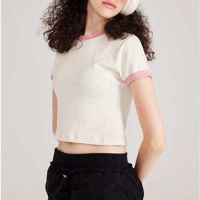 Cina Decorazione ricamo donna Y2k Vintage Giovane Moda Contrasto Ringer T-shirt di raccolto in vendita
