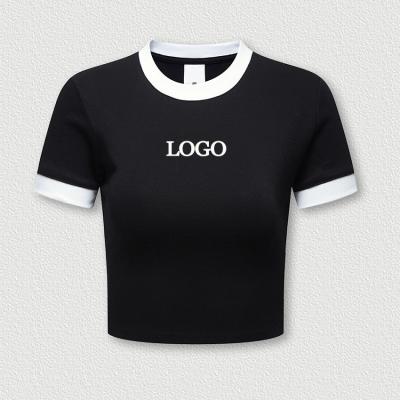 Cina Decorazione ricamo donna Y2k Vintage Giovane Moda Contrasto Ringer T-shirt di raccolto in vendita