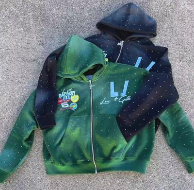 Cina Vintage Sun Faded Acid Wash Patch ricamo Strass Box Fit tagliato Zip Up Hoodie per uomini Manica regolare in vendita
