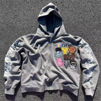 Quality Autumn Custom Men'S Stone Acid Wash Cropped Boxy Embroidered Zip Up Hoodie for sale